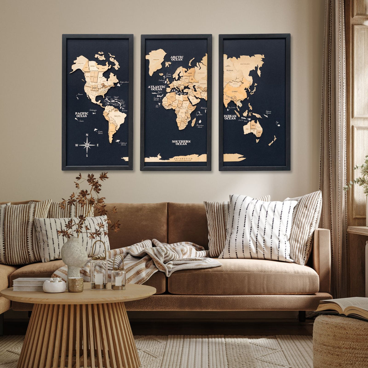 3D Wooden Triptych World Map Gold • Enjoy The Wood