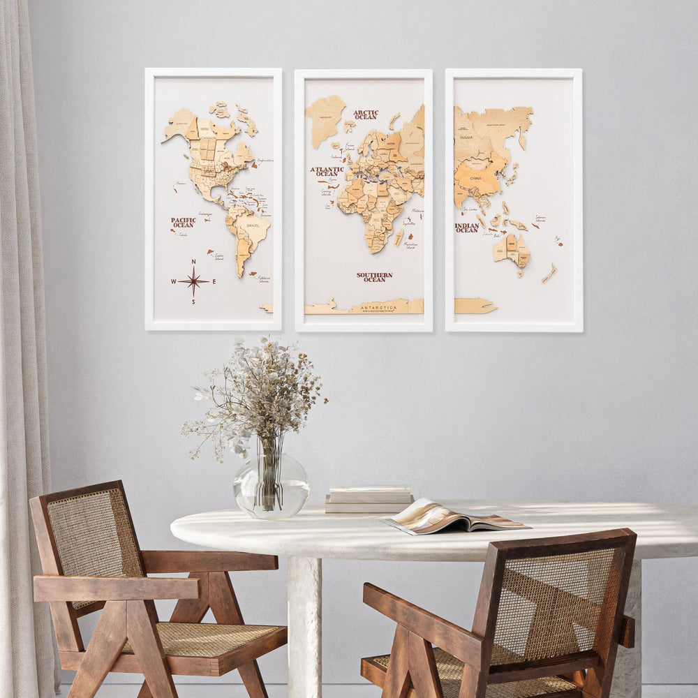 3D Wooden Triptych World Map Gold • Enjoy The Wood