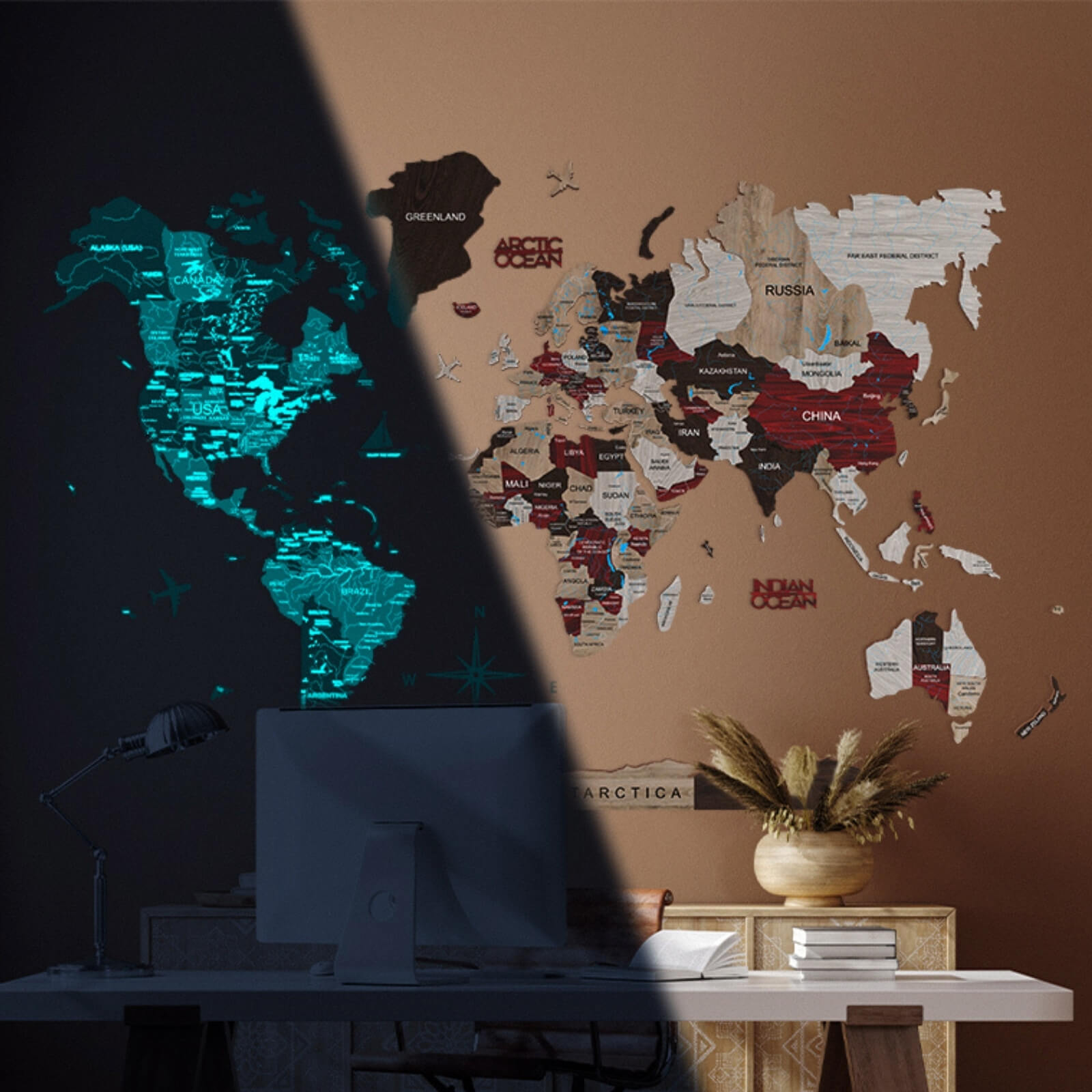 3D Luminous/Magnetic Colored Wooden World Map Urban from Enjoy The Wood ...