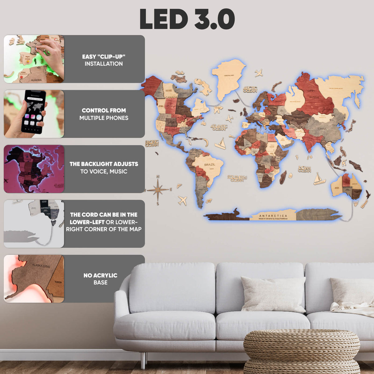 3D LED Wooden World Map → Fusion → Enjoy The Wood