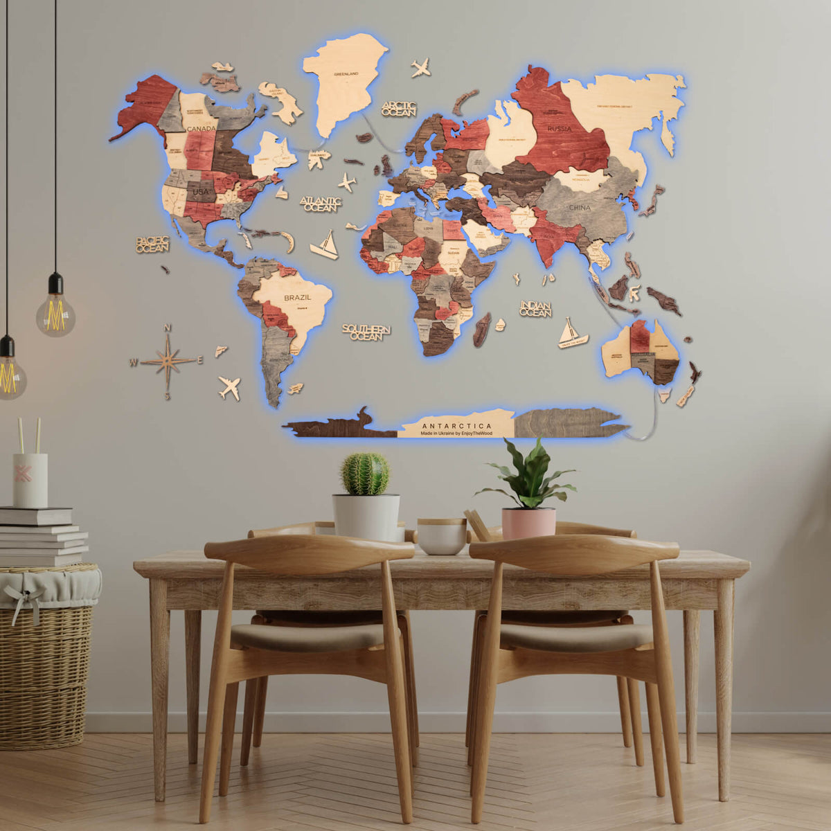 Mapa del mundo de madera LED 3D → Fusión → Disfruta de la madera