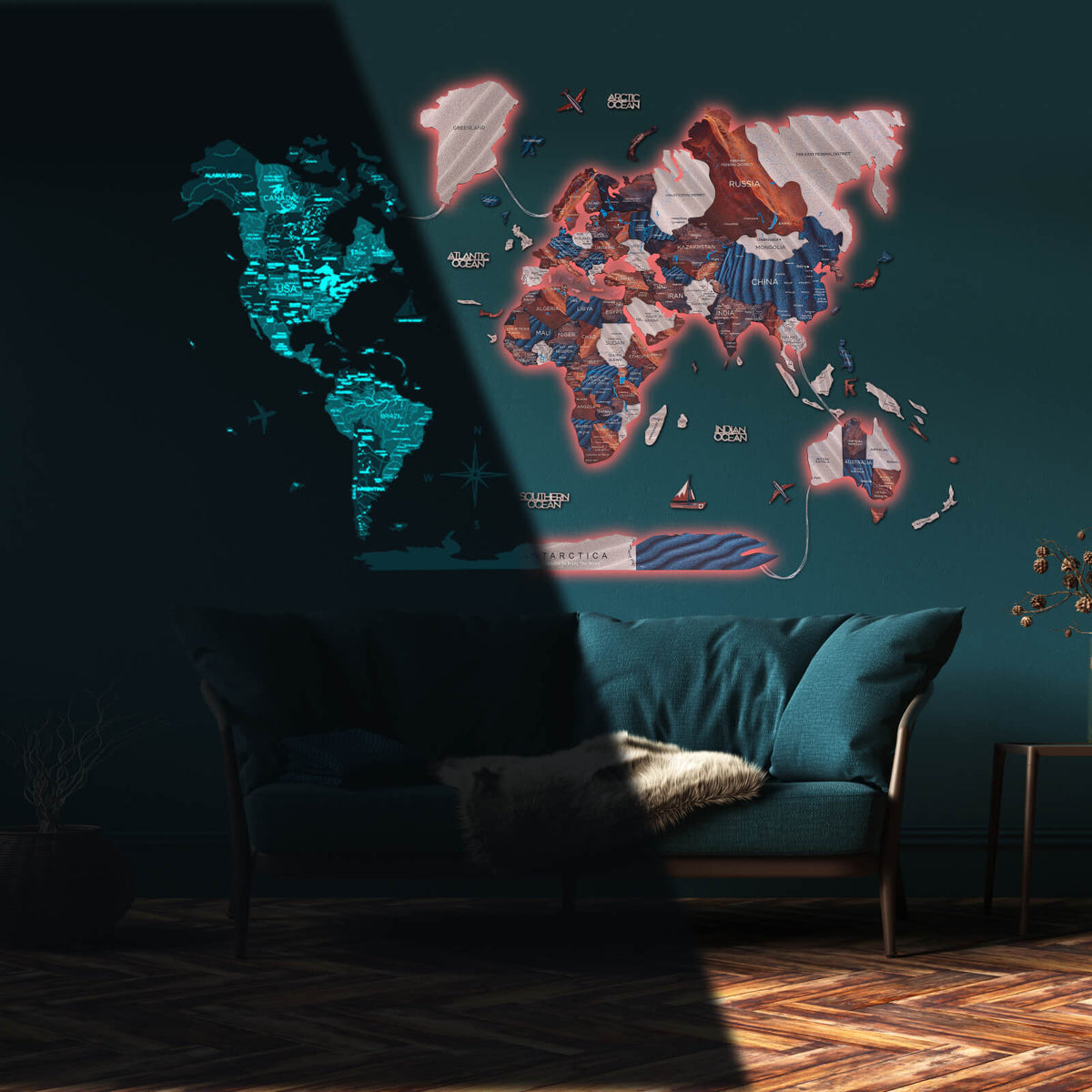 3D LED / LUMINOUS Wooden World Map Duna ‣ Order Now