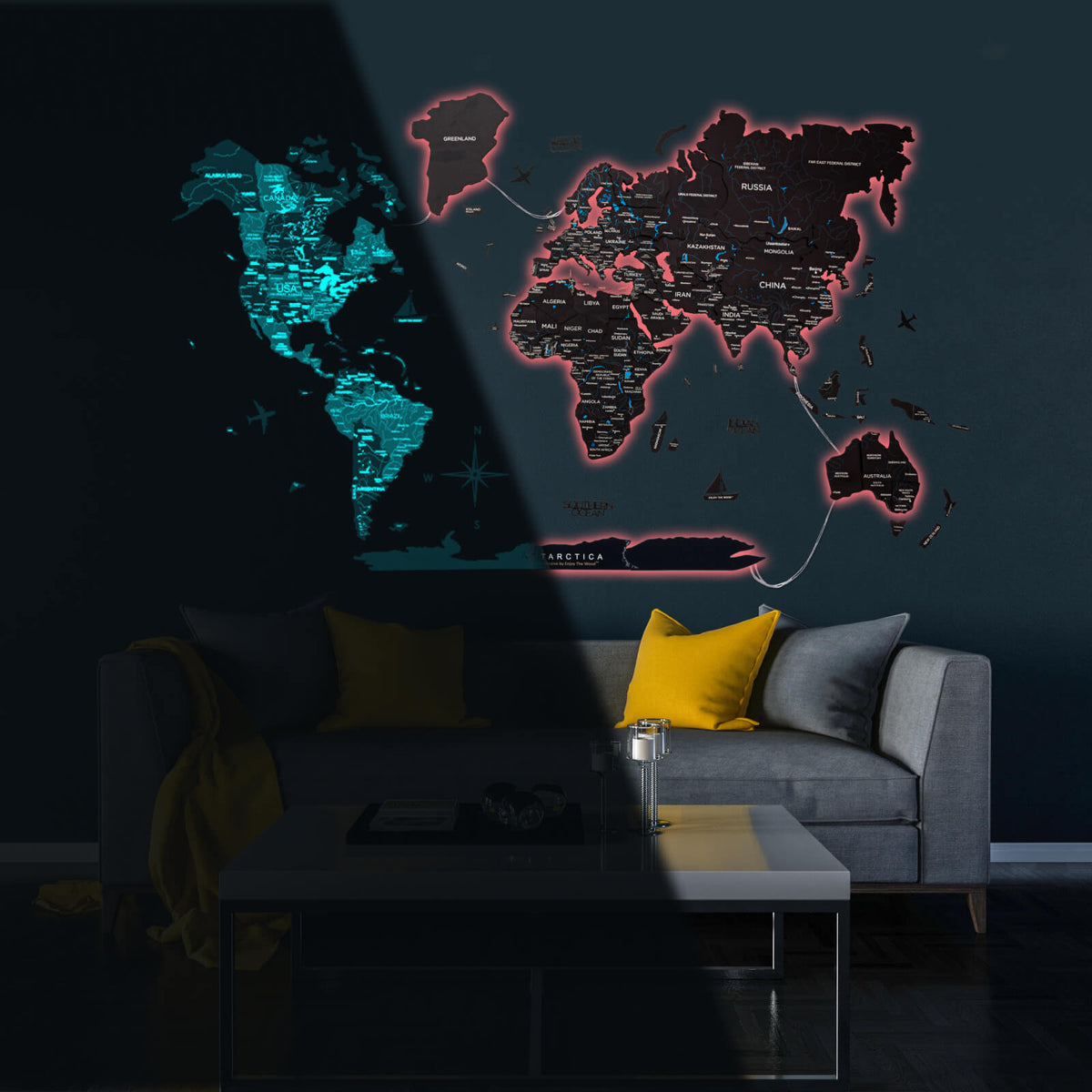 3D LED / LUMINOUS Wooden World Map Midnight ‣ Order Now