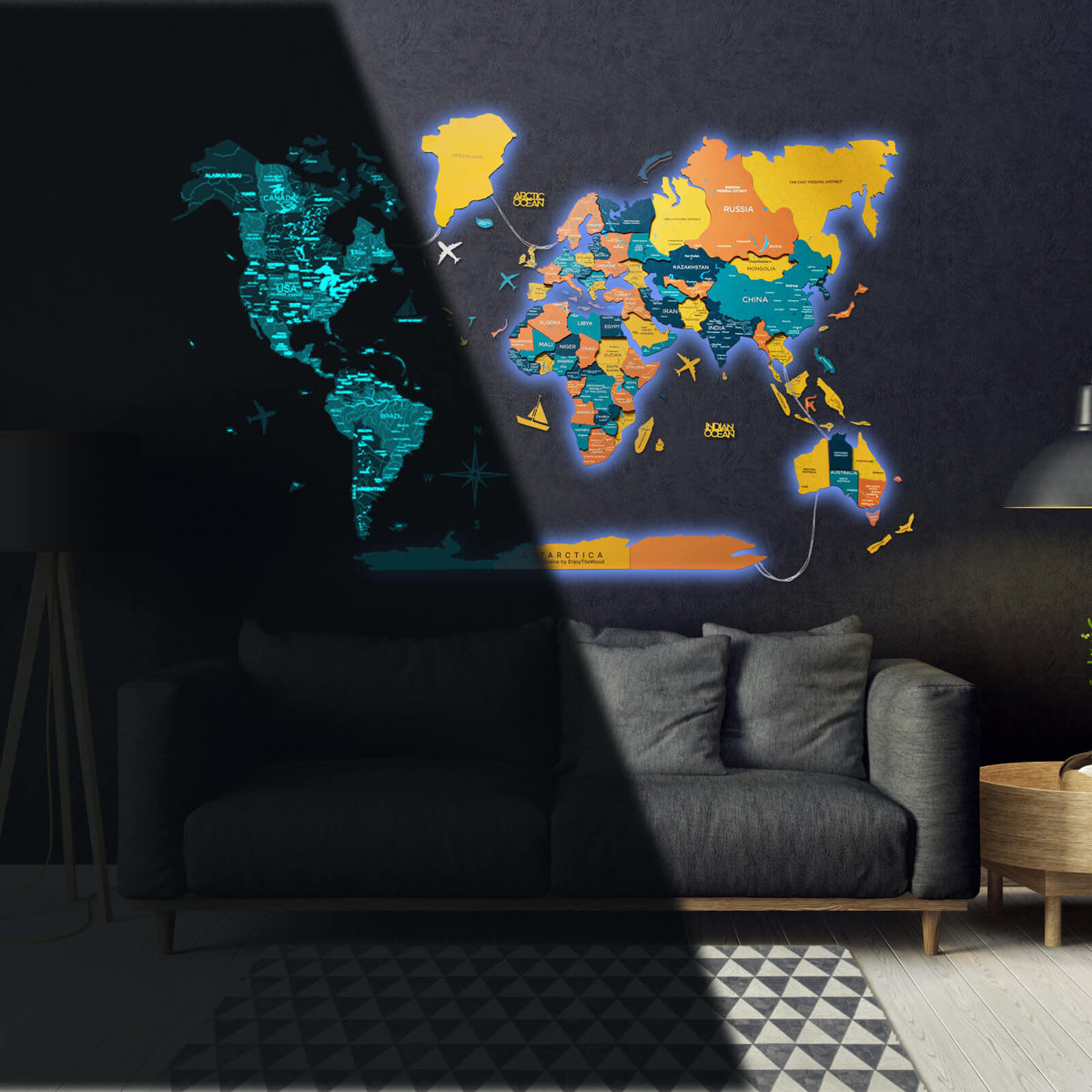 3D LED / LUMINOUS Wooden World Map Indie ‣ Order Now