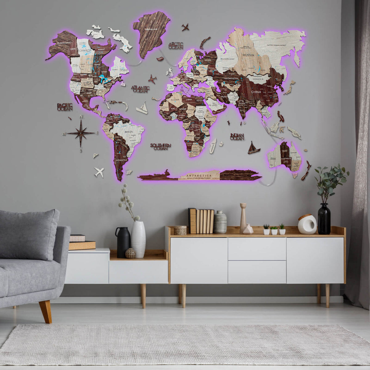 3D LED / LUMINOUS Wooden World Map Cappuccino ‣ Order Now