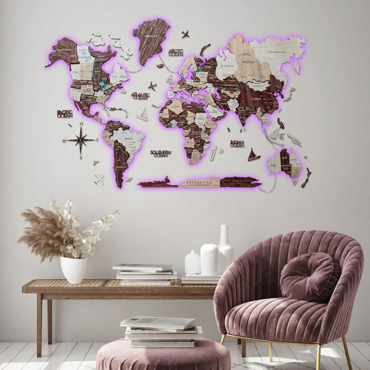 3D LED / LUMINOUS Wooden World Map Cappuccino ‣ Order Now