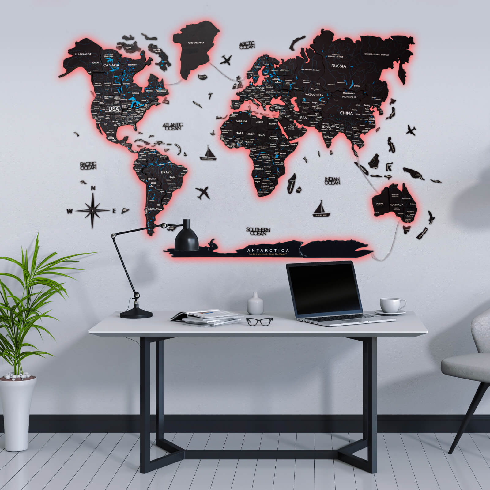 3D LED / LUMINOUS Wooden World Map Midnight ‣ Order Now