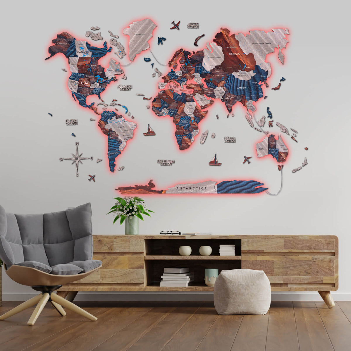 3D LED / LUMINOUS Wooden World Map Duna ‣ Order Now