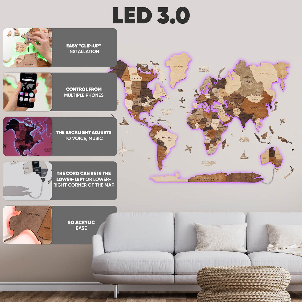 3D LED Wooden World Map from Enjoy The Wood ‣ Order Now