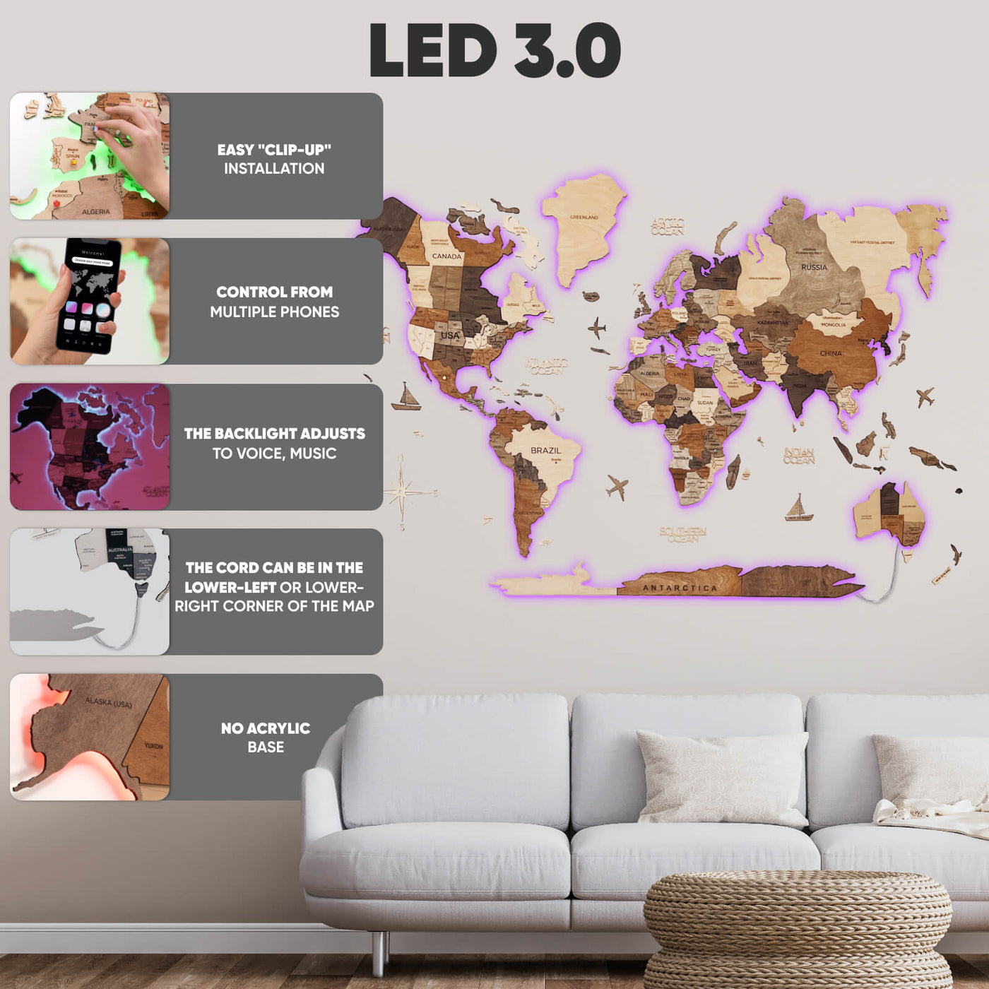 3D LED Wooden World Map from Enjoy The Wood ‣ Order Now
