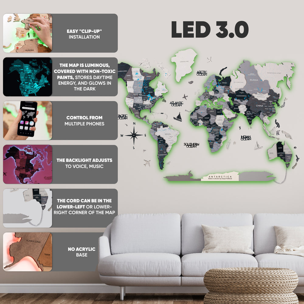 3D LED / LUMINOUS Wooden World Map Nordik ‣ Order Now