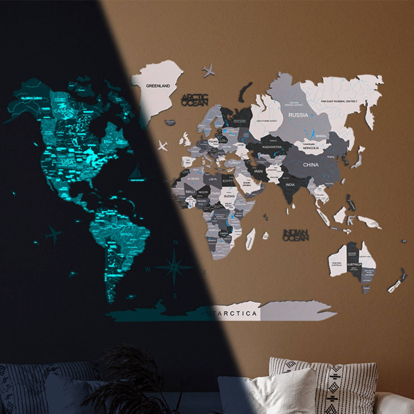 3D Luminous Colored Wooden World Map ‣ Enjoy The Wood