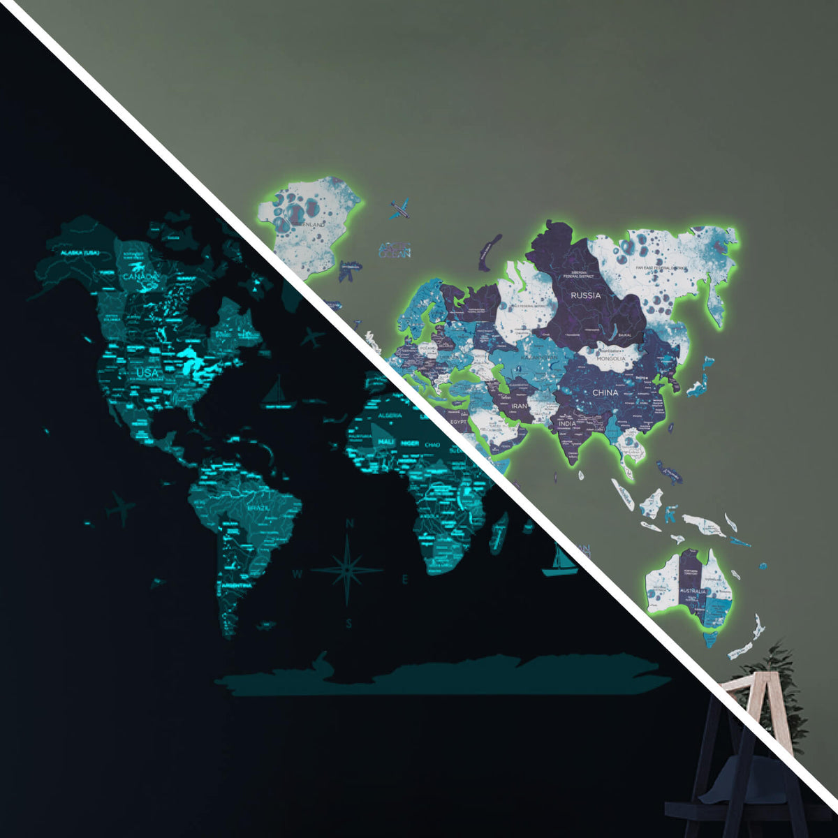 3D LED / LUMINOUS Wooden World Map Ocean ‣ Order Now