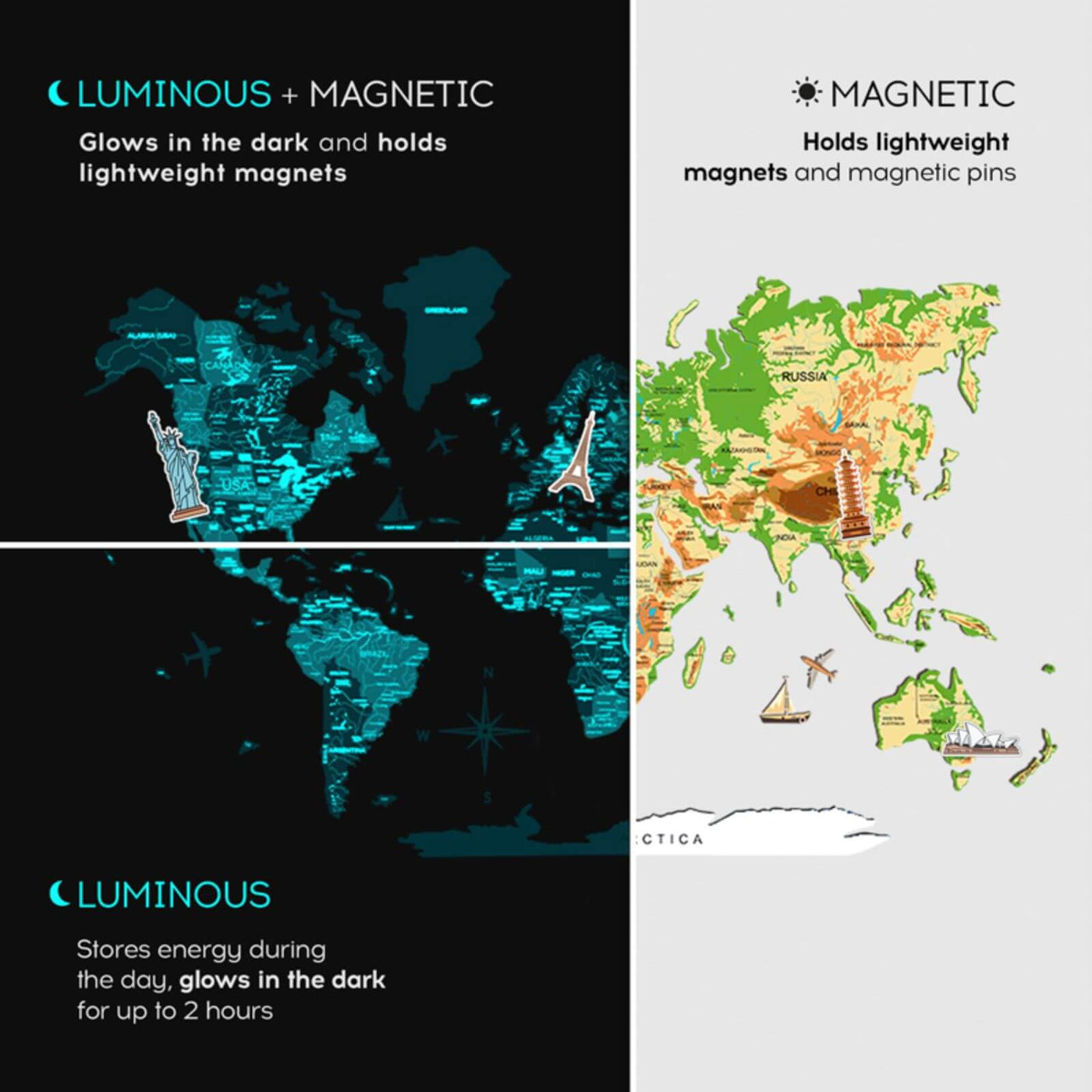 3D Luminous/Magnetic Colored Wooden World Map Physical