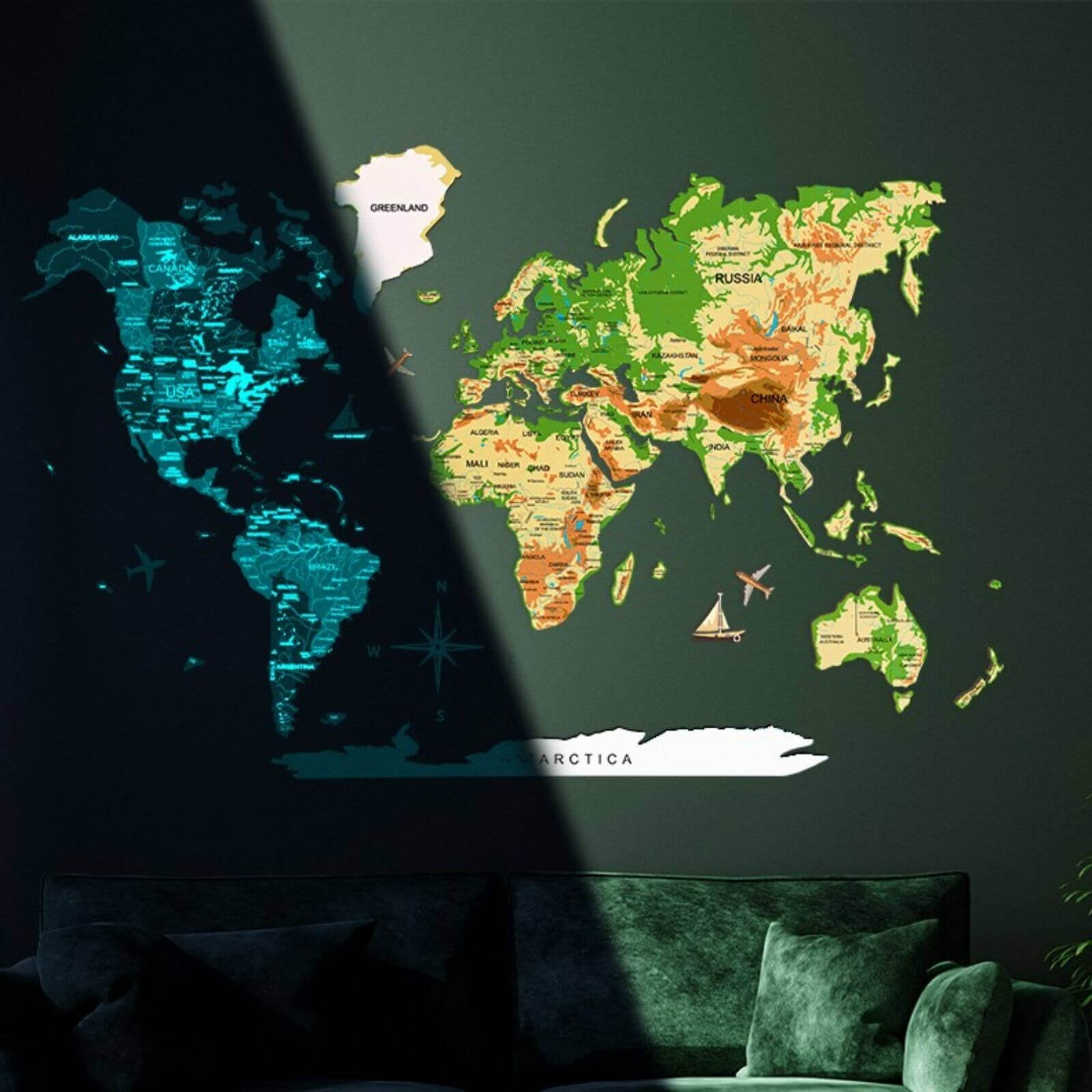3D Luminous/Magnetic Colored Wooden World Map Physical