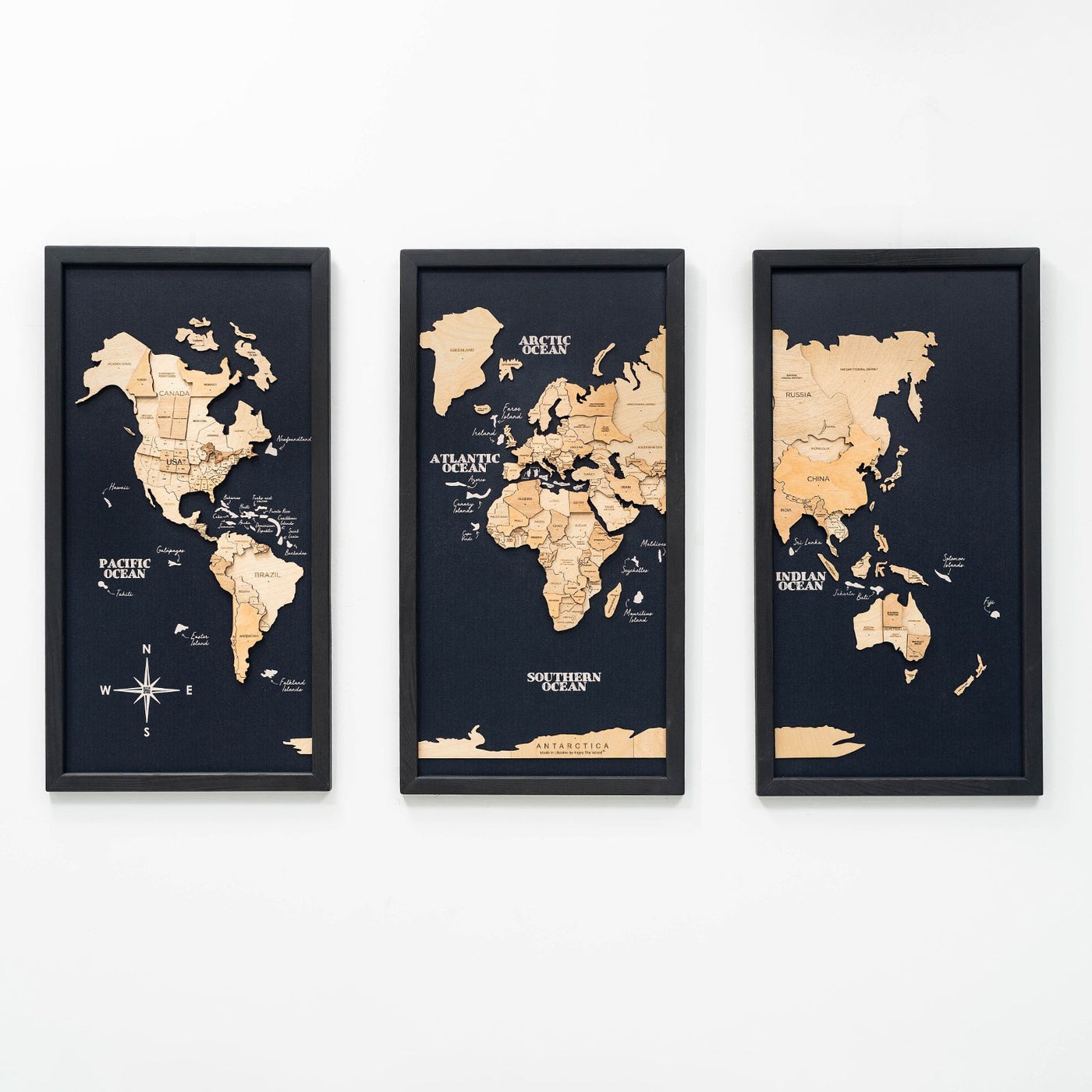 3D Wooden Triptych World Map Gold • Enjoy The Wood