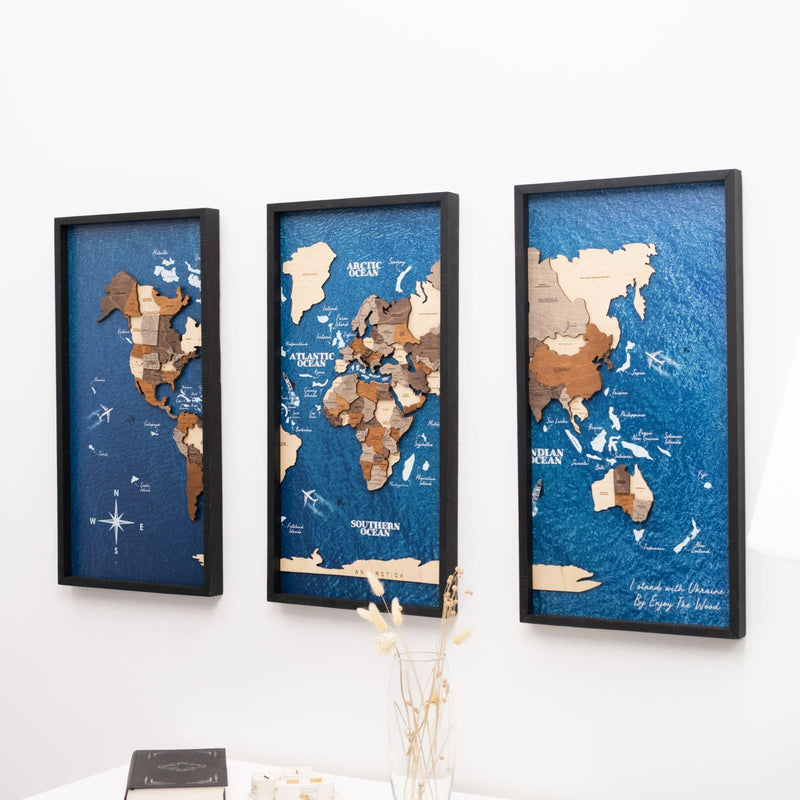 3D Wooden Triptych World Map Multicolor → Enjoy The Wood