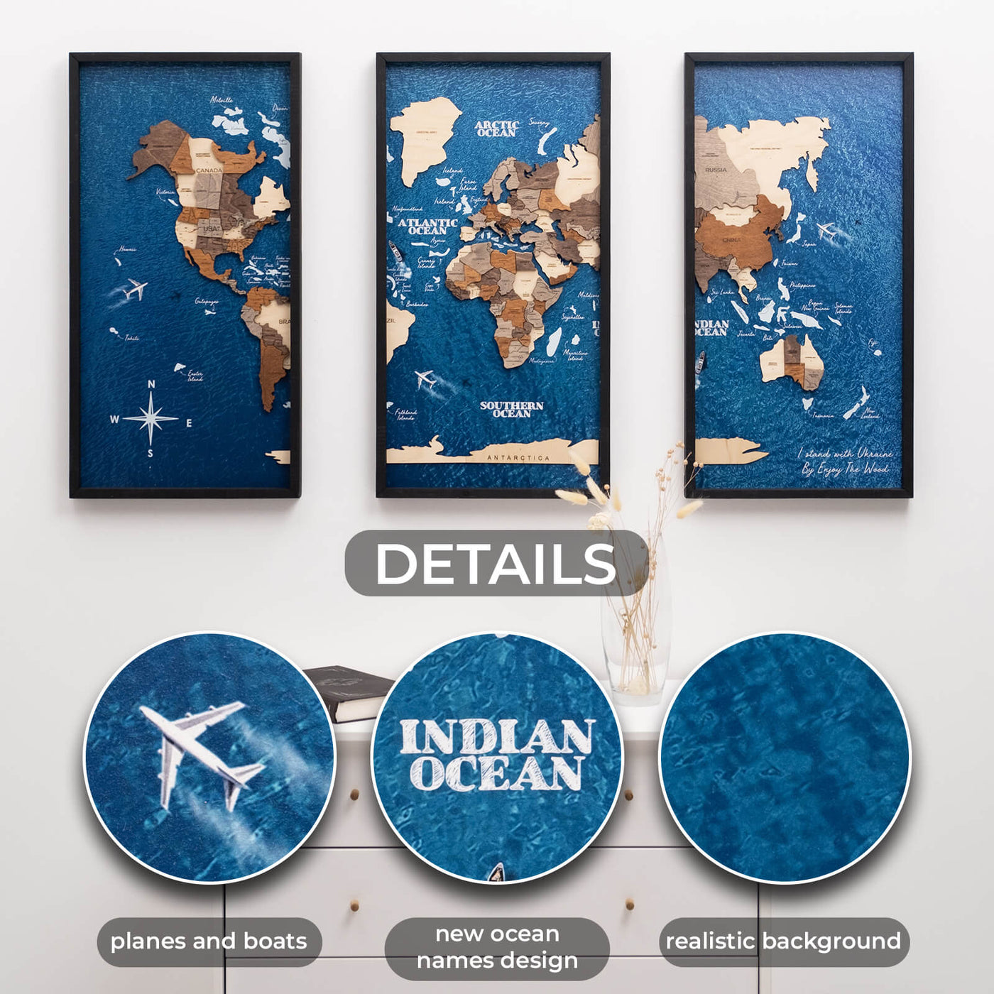 3D Wooden Triptych World Map Multicolor → Enjoy The Wood