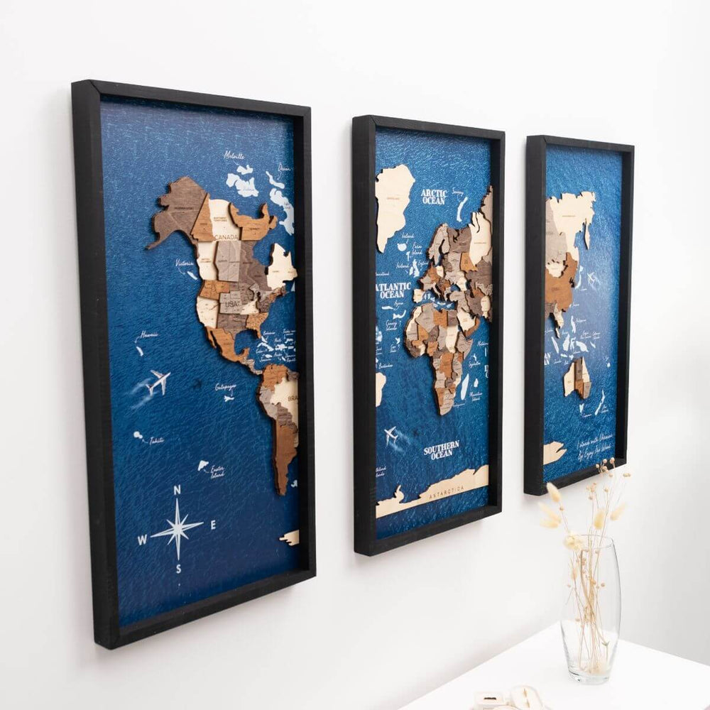 3D Wooden Triptych World Map Multicolor → Enjoy The Wood