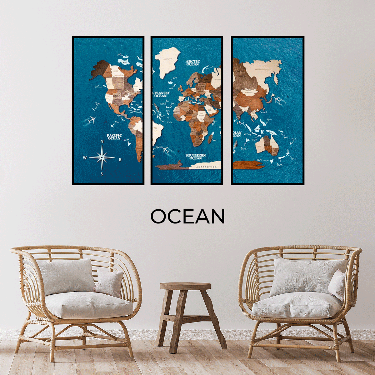 3D Wooden Triptych World Map Multicolor → Enjoy The Wood