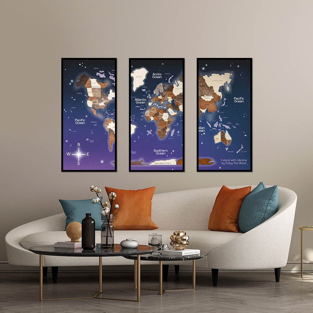 3D Wooden Triptych World Map Multicolor → Enjoy The Wood